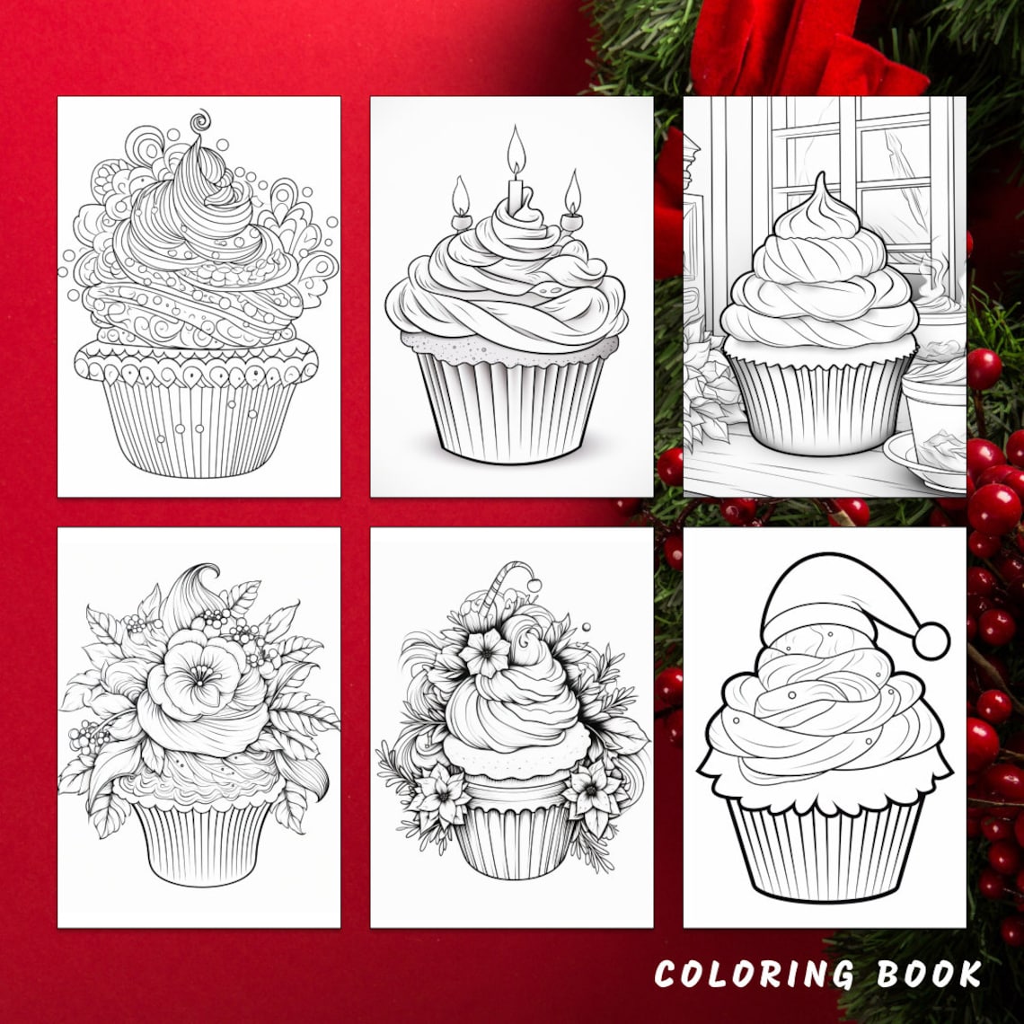 30 Christmas Cupcakes Coloring Page, Christmas Coloring,dessert ...
