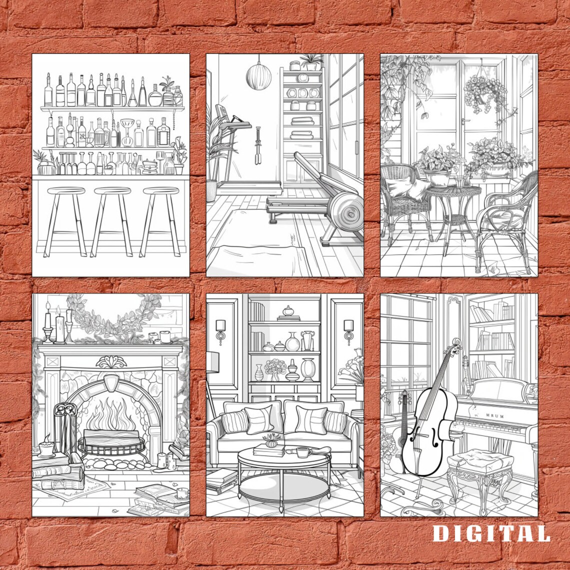 25 Interior Coloring Page, Design Coloring Book, Rooms Coloring, Adults ...