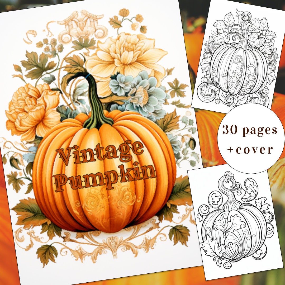 30 Autumn Vintage Pumpkins Coloring Page, Autumn Coloring Book, Vintage ...