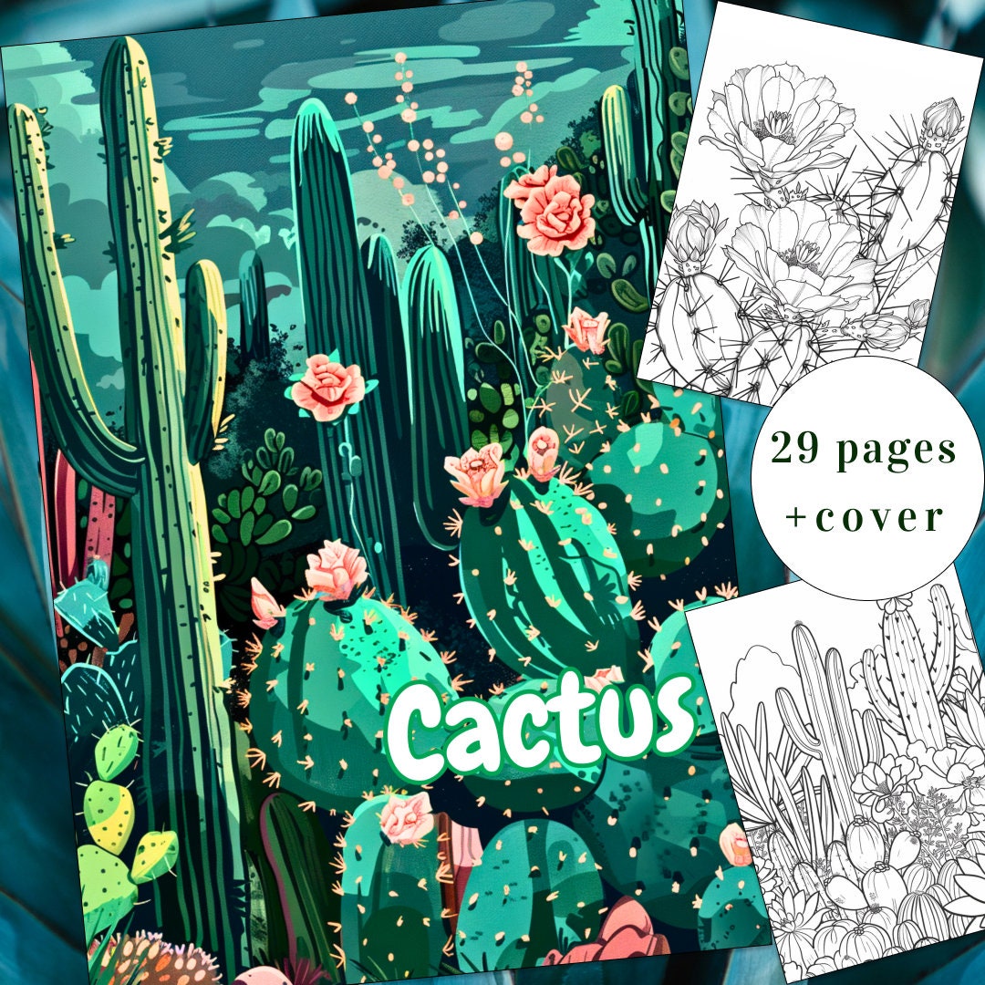 29 Cactus Coloring Page, Succulent Coloring Book, Grayscale Coloring ...