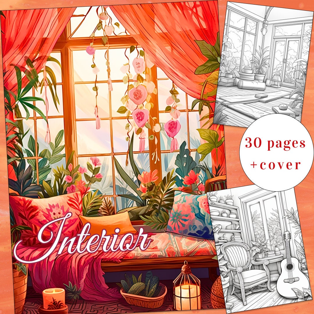 30 Interior Coloring Page, Design Coloring Book, Rooms Coloring, Adults ...