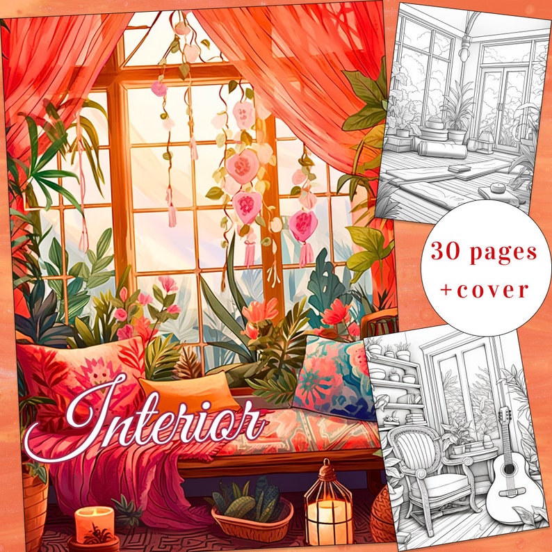 30 Interior Coloring Page, Design Coloring Book, Rooms Coloring, Adults ...