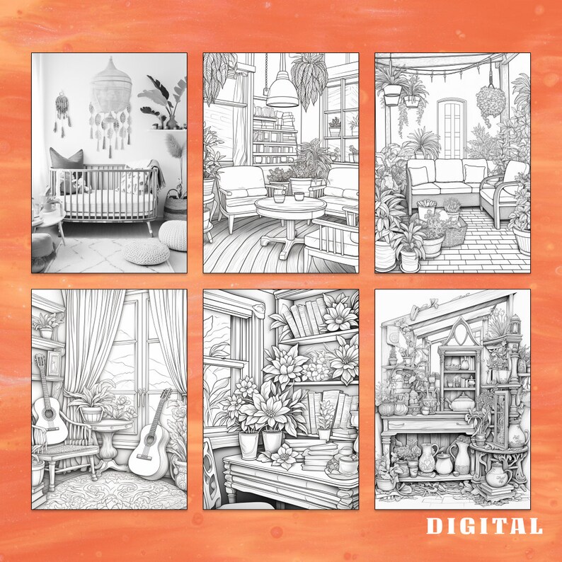 30 Interior Coloring Page, Design Coloring Book, Rooms Coloring, Adults ...