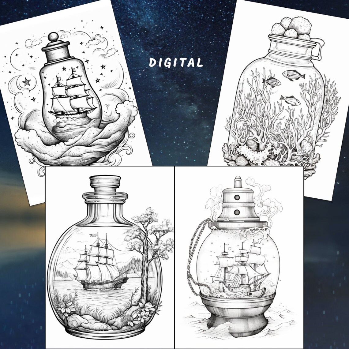 Ship in a Bottle Coloring Book, Ocean Waves, 23 Pages (printable PDF ...