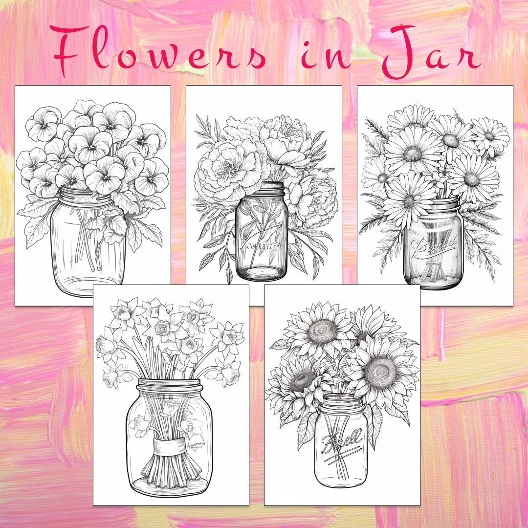 18 Flowers in Jar Coloring Page, Flower Coloring Page, Flowers Coloring ...
