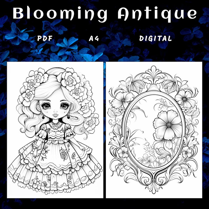 25 Blooming Antique Coloring Page, Floral Retro Coloring Book, Flowers ...