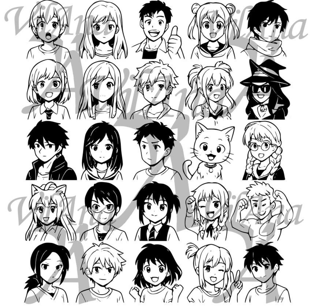 Anime Plotter File Set Svg DXF PDF JPG | 25 Designs | Manga Faces ...
