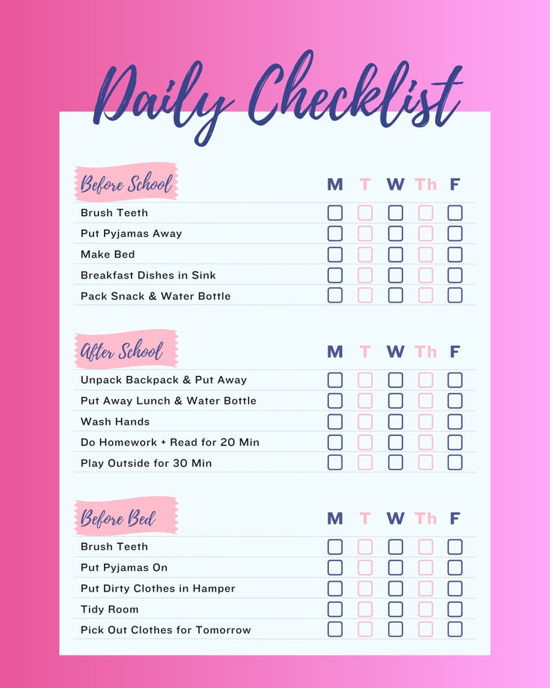 Kids and Teens Daily Checklist - Fun Pink Daily Chores Tracker for ...