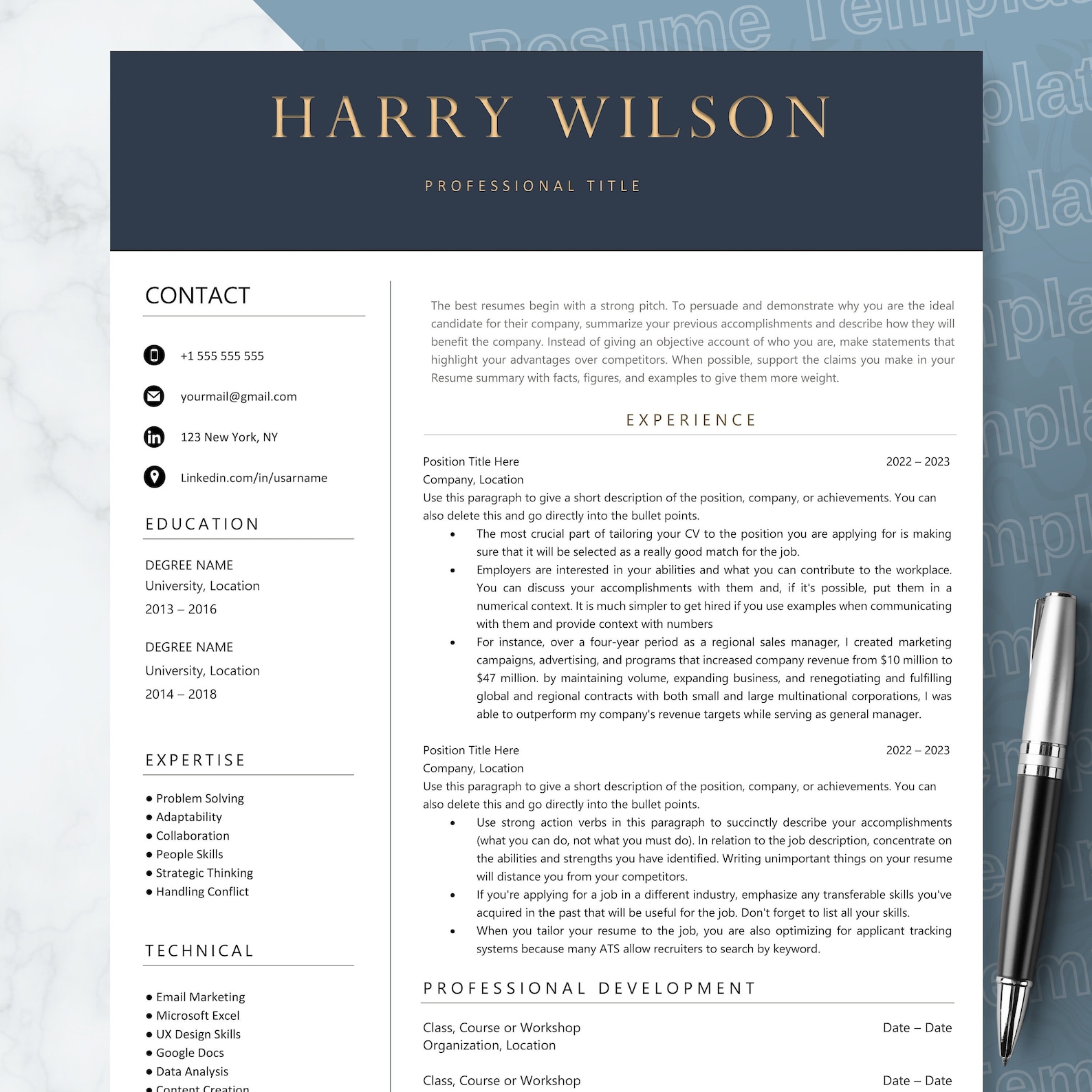 Clean Resume Template Word & Pages, Minimalist Executive Resume ...