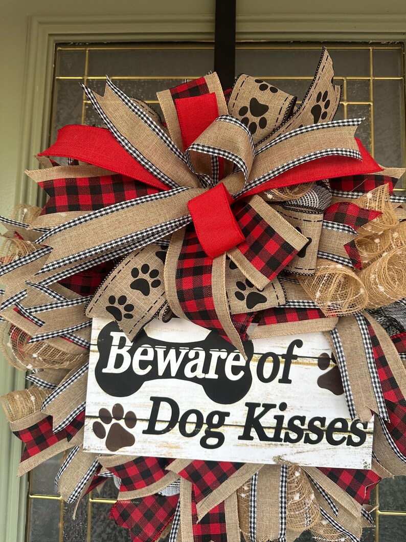 Dog Wreath Front Door Decor, Dog Bone Ribbon, Beware of Dog Kisses Sign ...