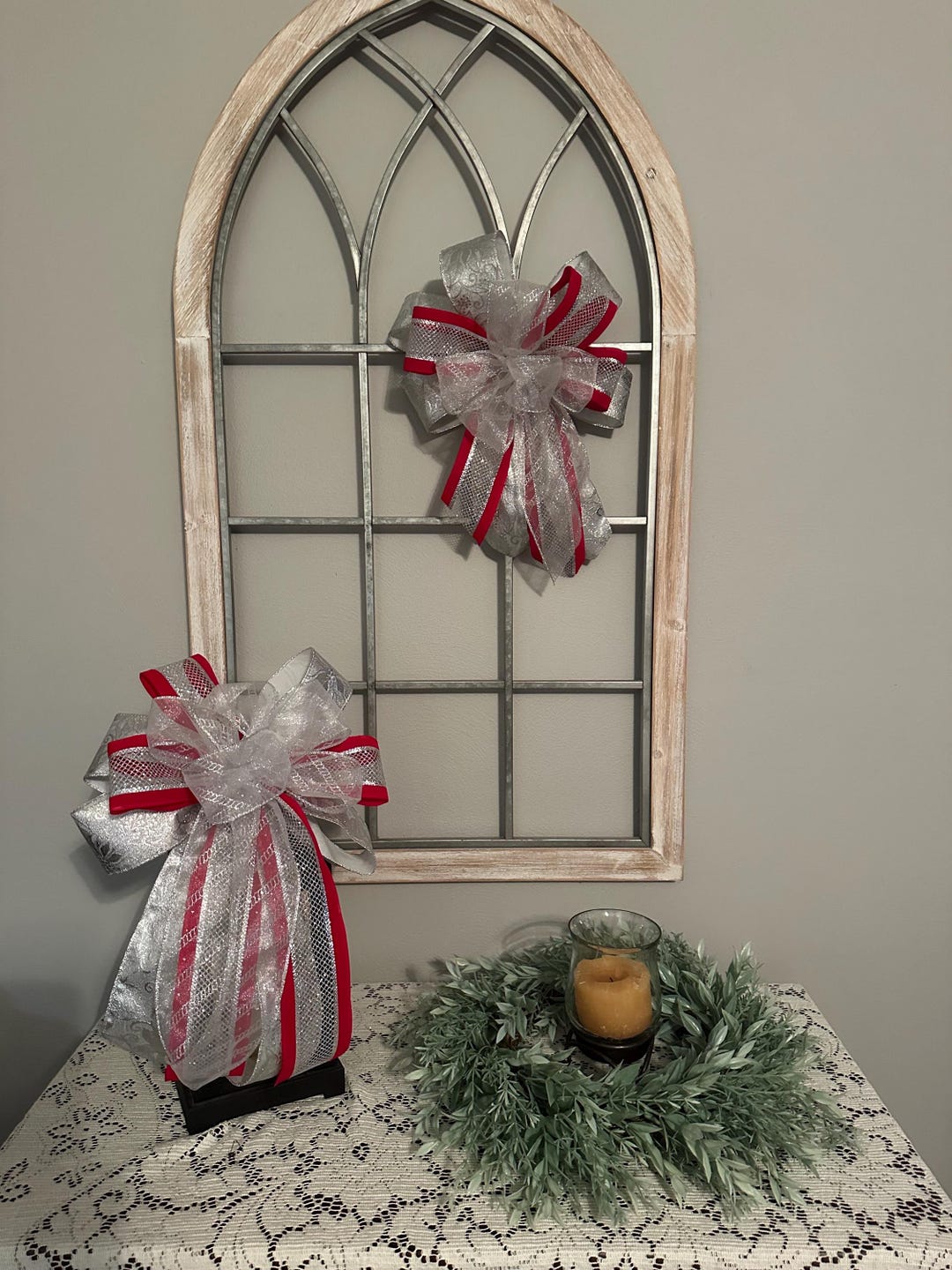 Red Velvet Christmas Bow | Silver Organza Lantern Tree Topper - Etsy