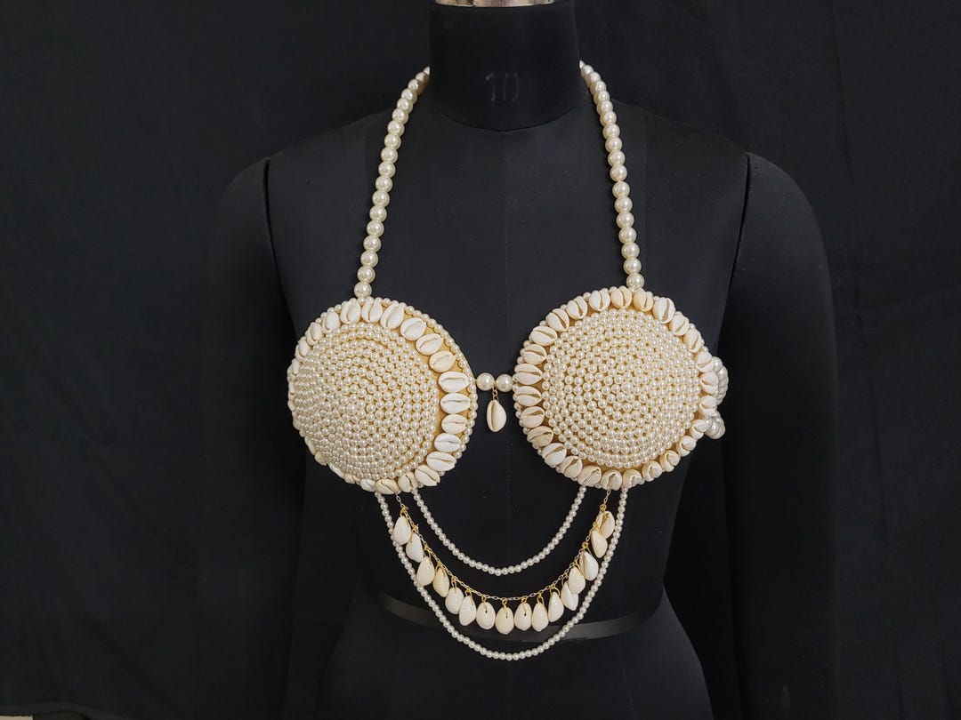 Beaded Pearl Bra, Rave Bra, Custom Shell Beaded Top, Pearl Body Chain ...