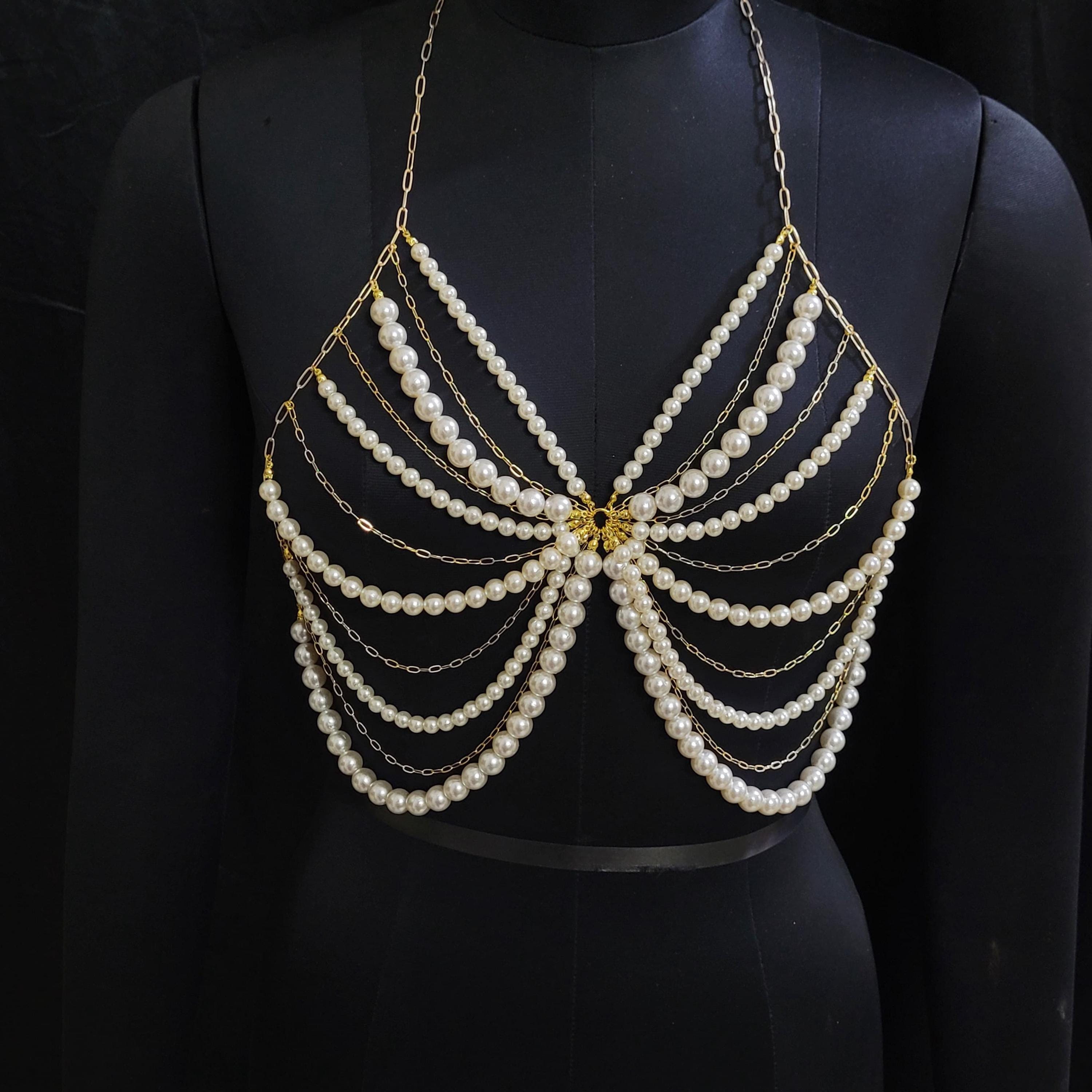 Handmade Pearl Body Chain & Skirt, Beaded Bra Hip Chain Skirt, Pearl ...
