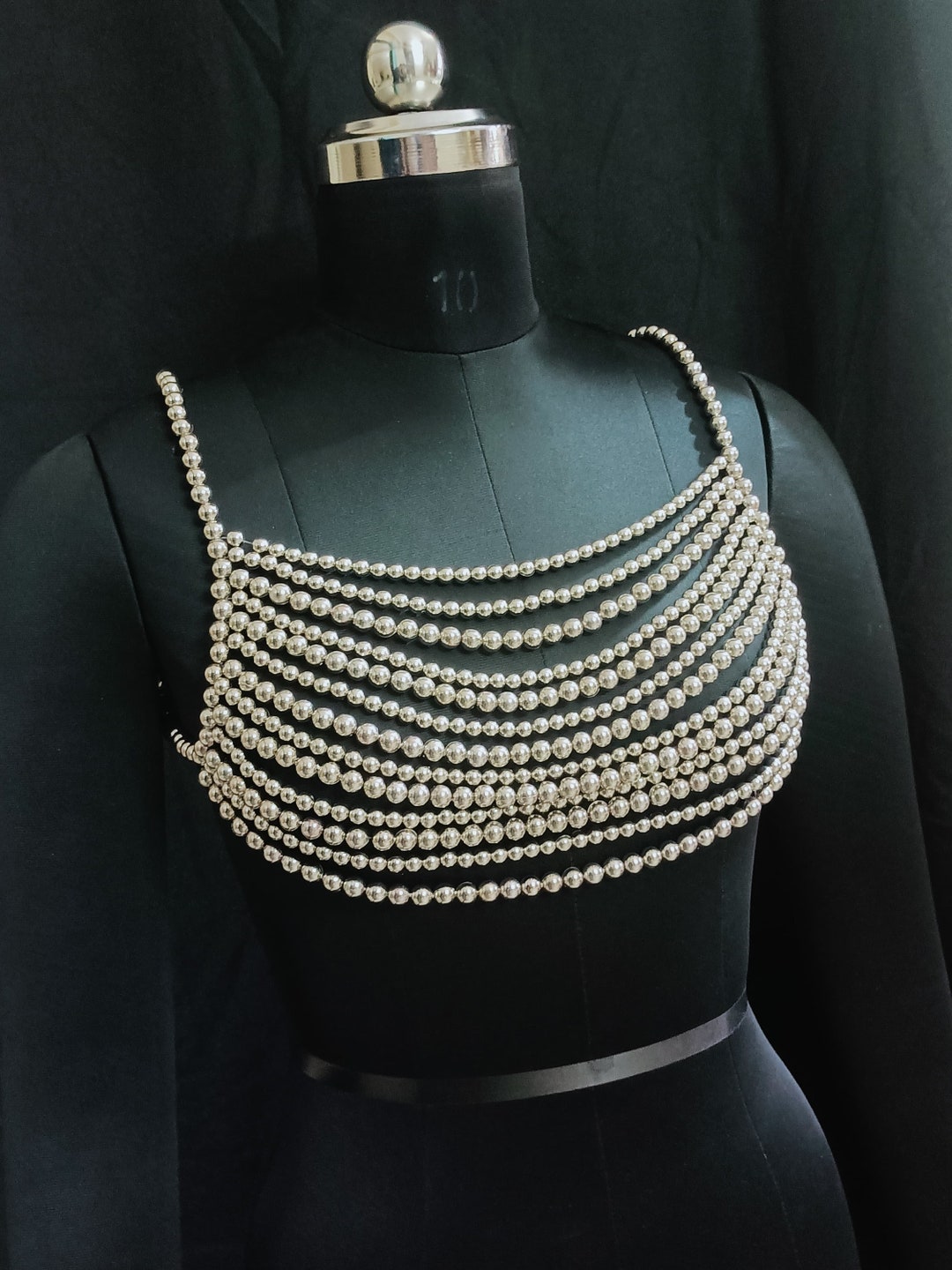 Handcrafted Silver Beaded Top Pearl Bralette, Bridal Body Jewelry, Rave ...