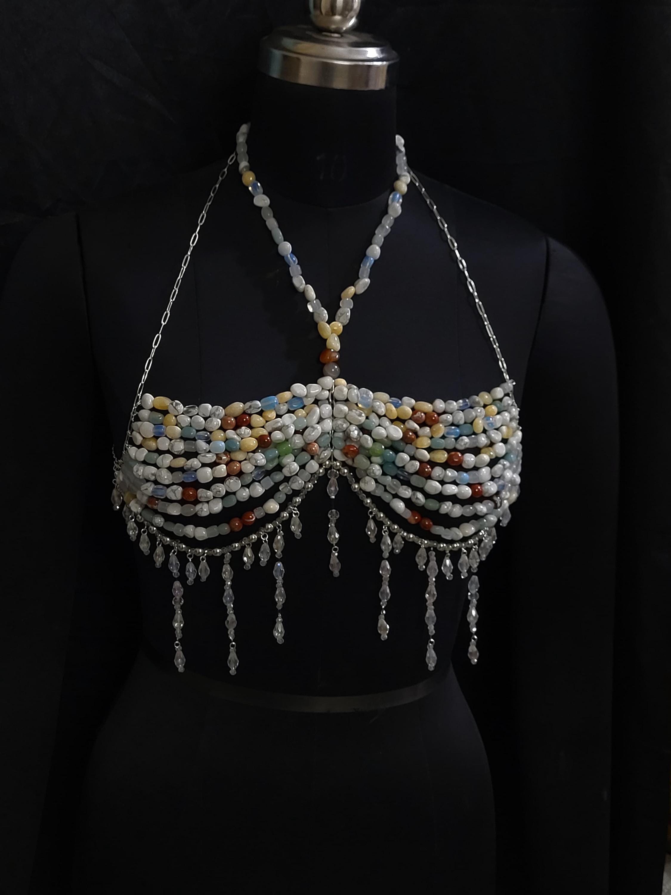 Natural Gemstone Beaded Bra, Body Chain Bralette Party Costume, Mermaid ...