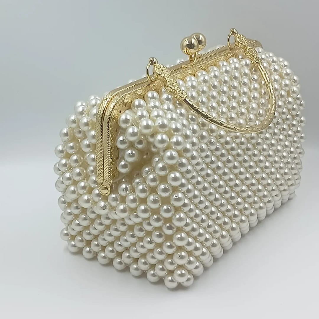 Handmade Ivory Pearl Beaded Bag Vintage Purse, Golden Clutch Handbag ...