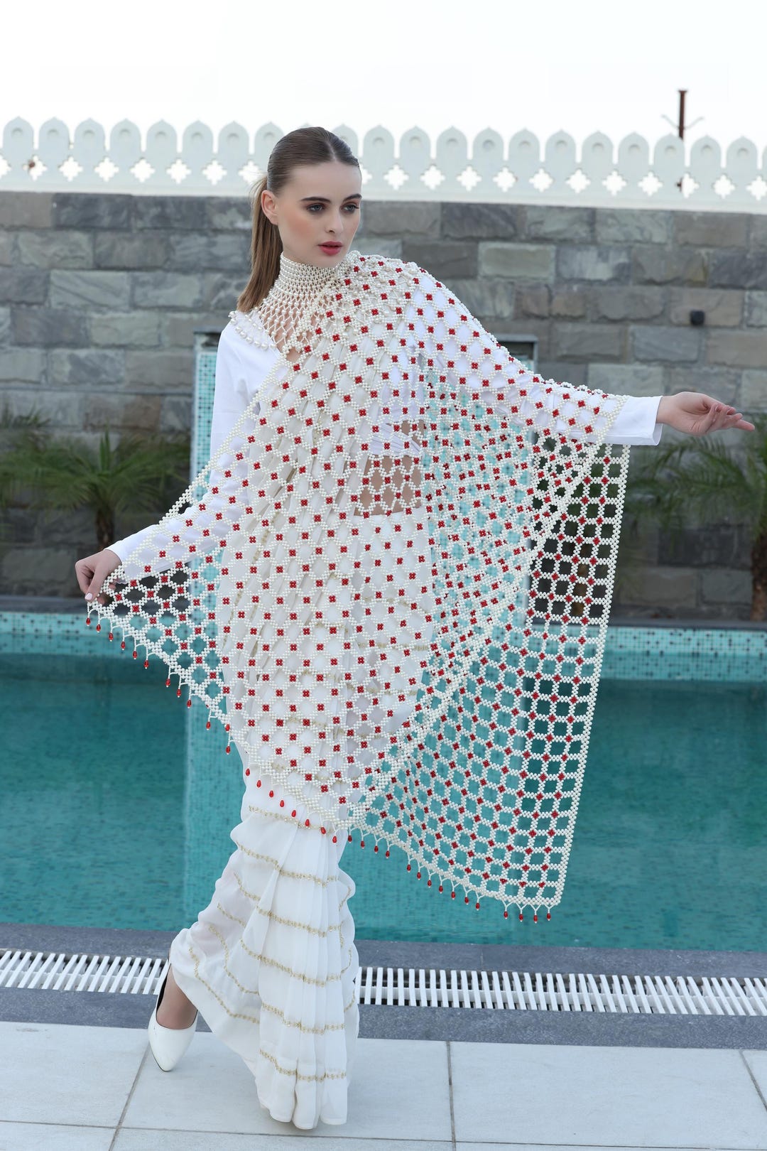 Pearl/ Red Beaded Bridal Cape for Women, Pearl Bridal Cape Necklace ...