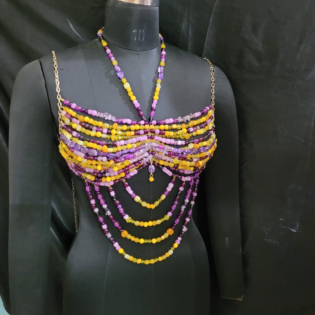 Yellow Purple Beaded Bra Crystal & Natural Gemstone Body Jewelry ...