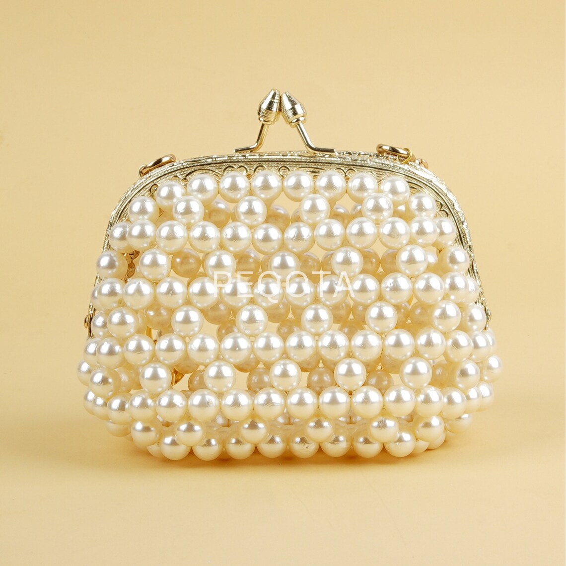 Pearl Beaded Mini Bag Cream Pearl Kisslock Clutch Elegant Evening Bag ...