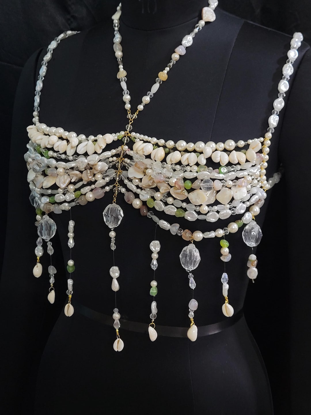 Luxury Pearl & Gemstone Bralette Body Chain – Handmade Mermaid Core ...