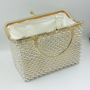 Handmade Ivory Pearl Beaded Bag Vintage Purse, Golden Clutch Handbag ...