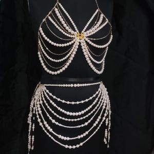 Handmade Pearl Body Chain & Skirt, Beaded Bra Hip Chain Skirt, Pearl ...