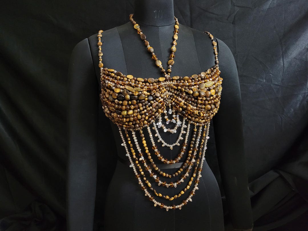 Brown Gemstone Bead Bra Pearl, Beaded Bralette Body Chain, Brown ...