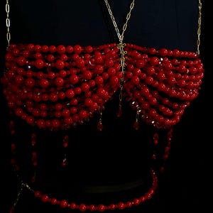Red Faux Pearl Beaded Bra Mermaid Top With Waist Chain, Rave Outfit ...