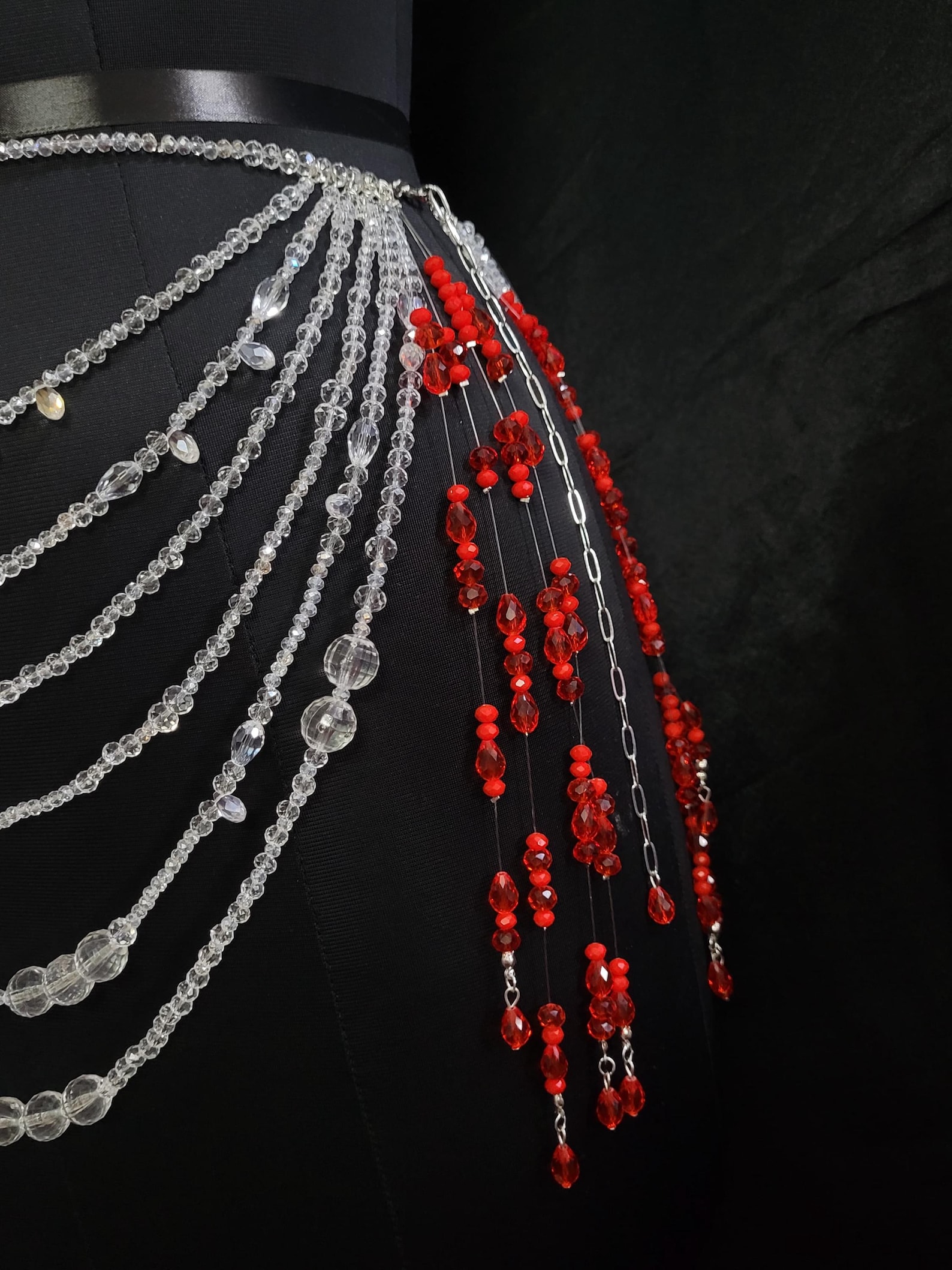 Crystal Beaded Skirt Belt | Red and Clear Festival Hip Chain | Handmade ...