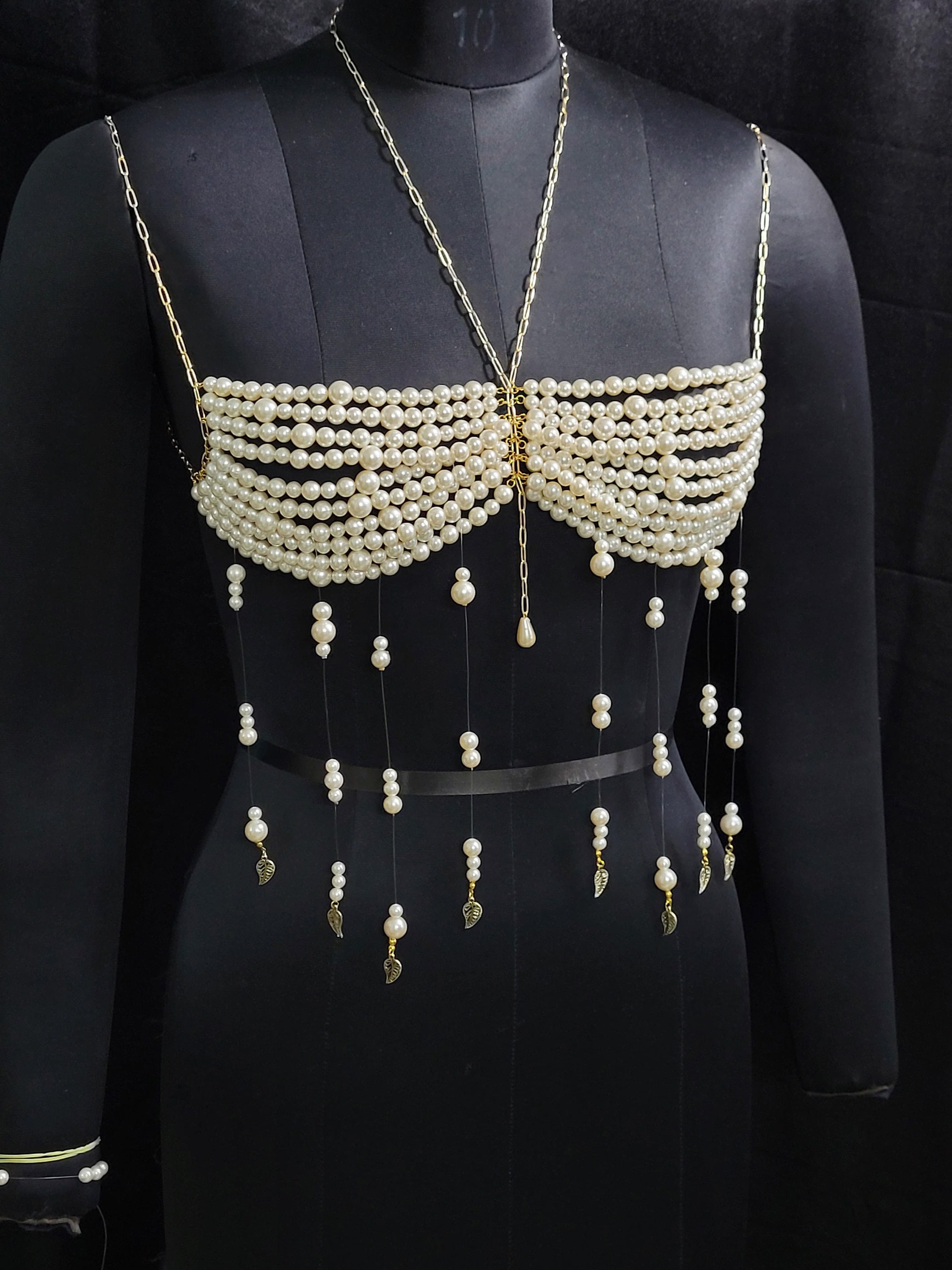 Beaded Pearl Body Chain, Rave Bra, Custom Beaded Top, Pearl Body Chain ...