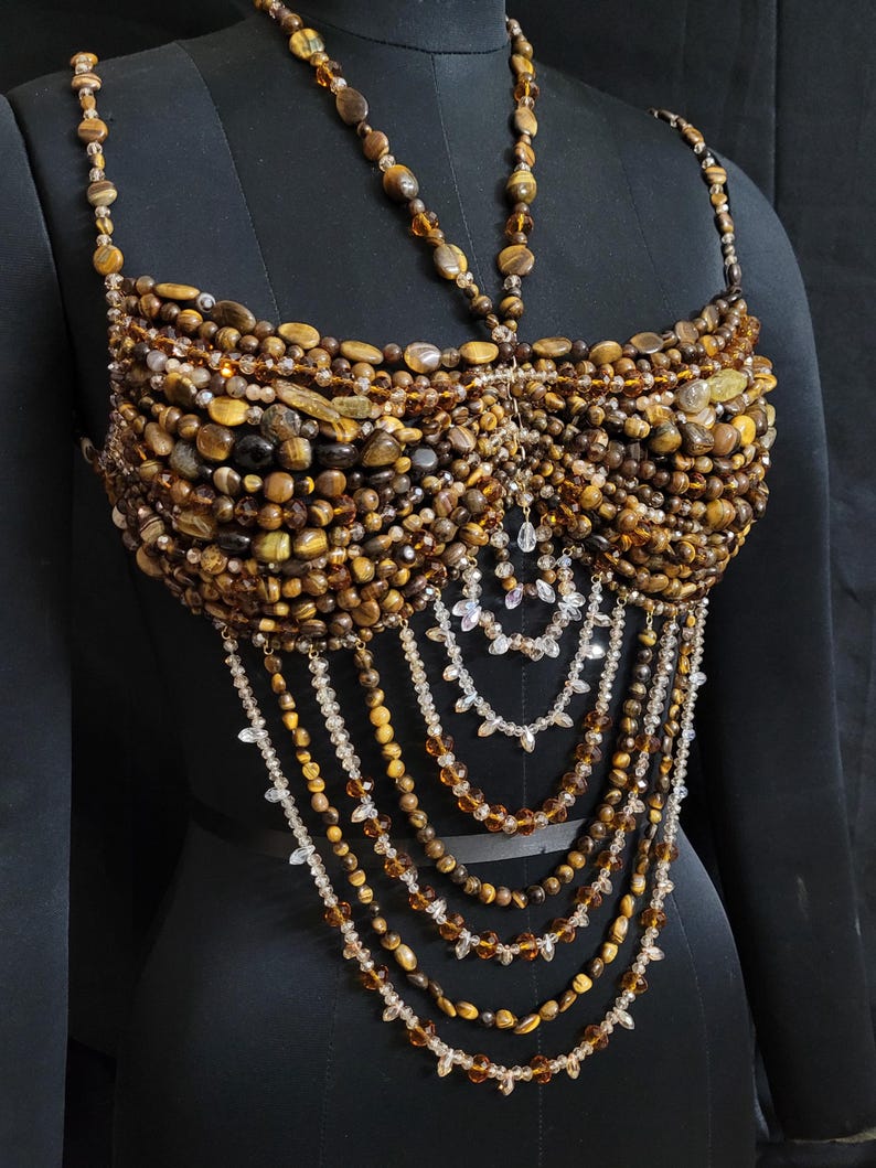 Brown Gemstone Bead Bra Pearl, Beaded Bralette Body Chain, Brown ...