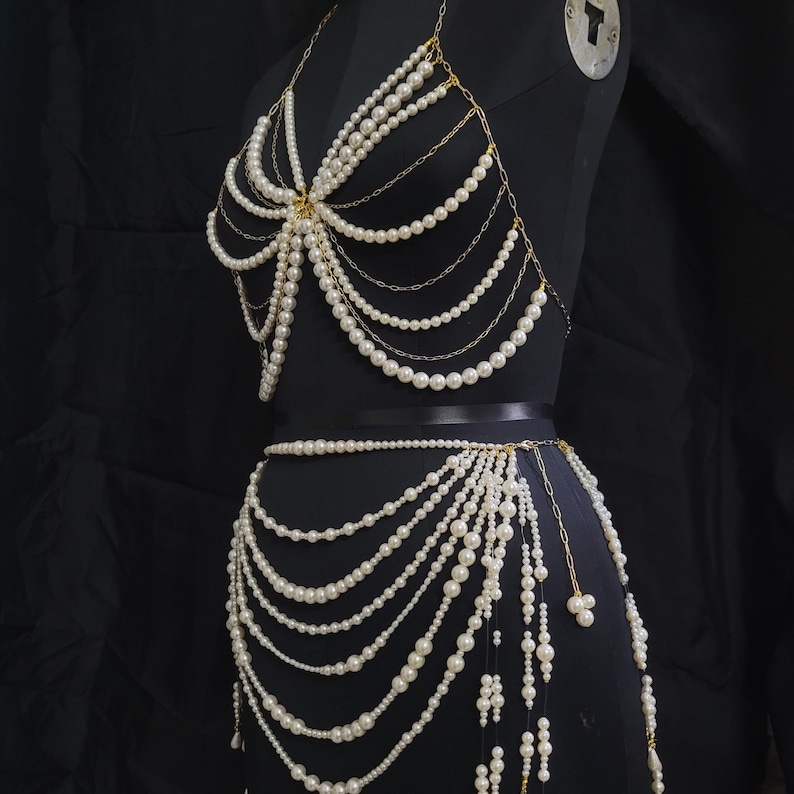 Handmade Pearl Body Chain & Skirt, Beaded Bra Hip Chain Skirt, Pearl ...