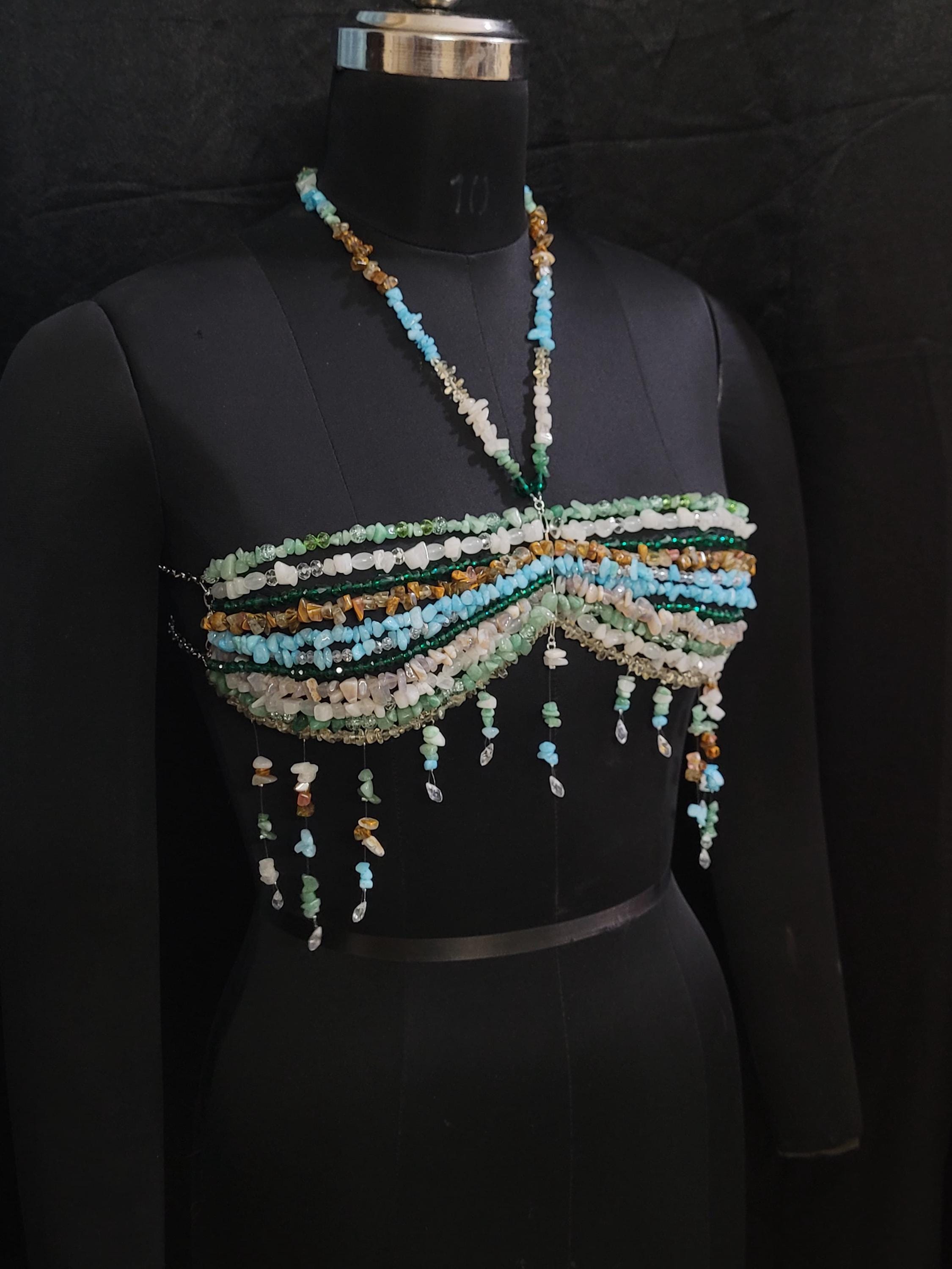 Mix Gemstone Bead Bra Pearl, Beaded Bralette Body Chain, Mermaid Core ...