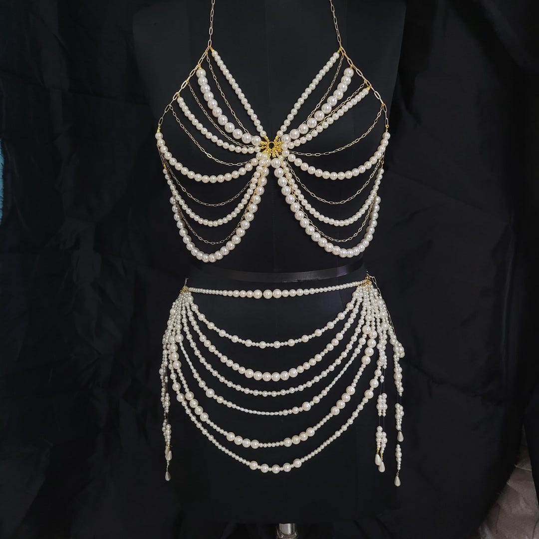 Handmade Pearl Body Chain & Skirt, Beaded Bra Hip Chain Skirt, Pearl ...