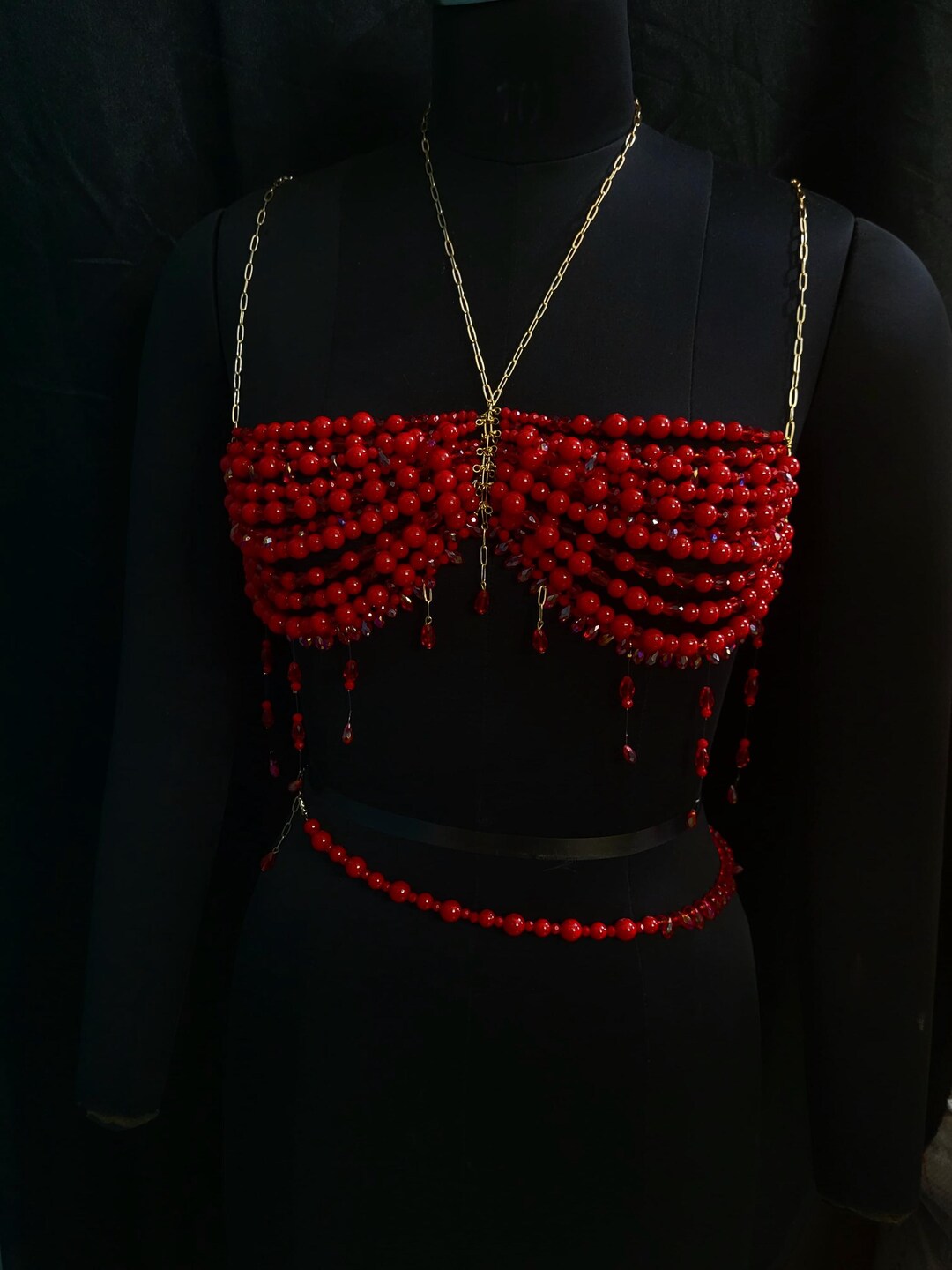 Red Faux Pearl Beaded Bra Mermaid Top With Waist Chain, Rave Outfit ...