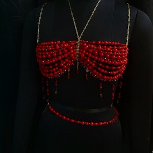 Red Faux Pearl Beaded Bra Mermaid Top With Waist Chain, Rave Outfit ...