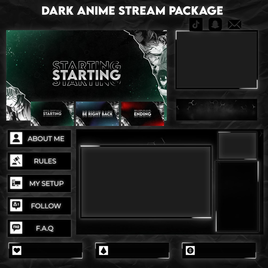 Dark ANIME STREAM OVERLAY Pack Static / Dark Anime Twitch Pack ...