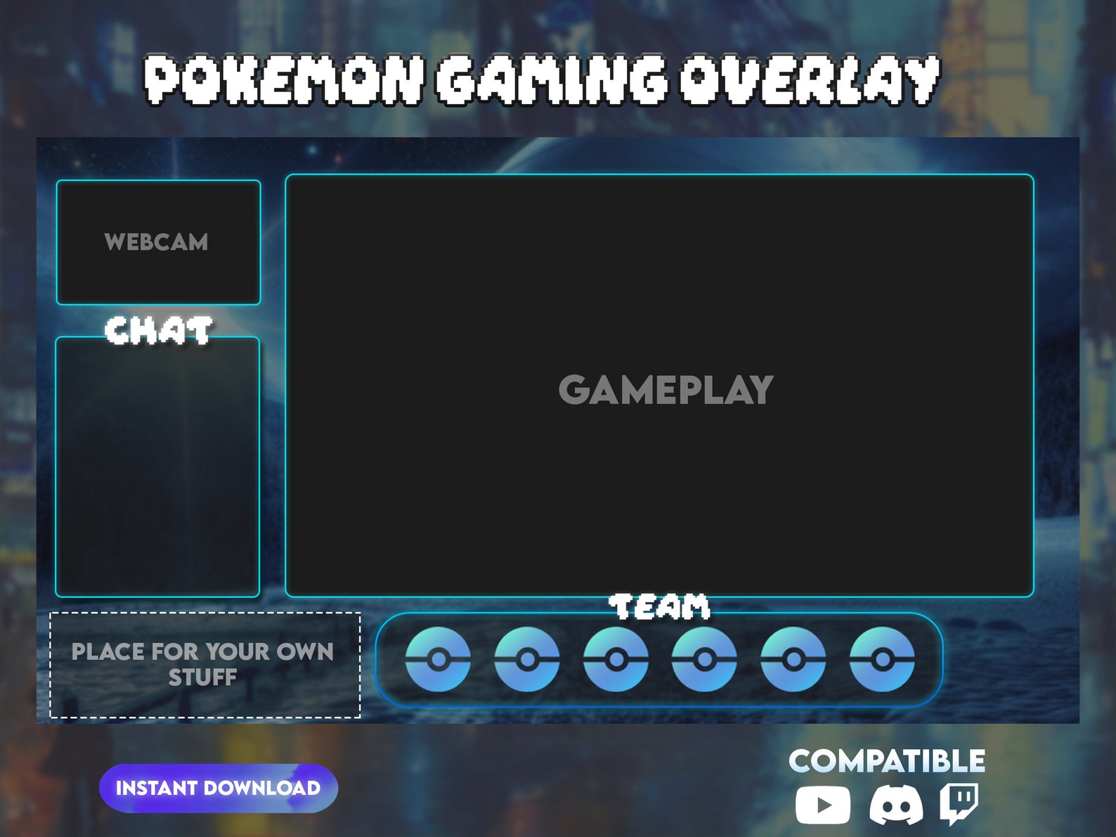 Pokemon Blue Neon Overlay, Clean Pokemon Overlay Screen, Twitch Overlay ...