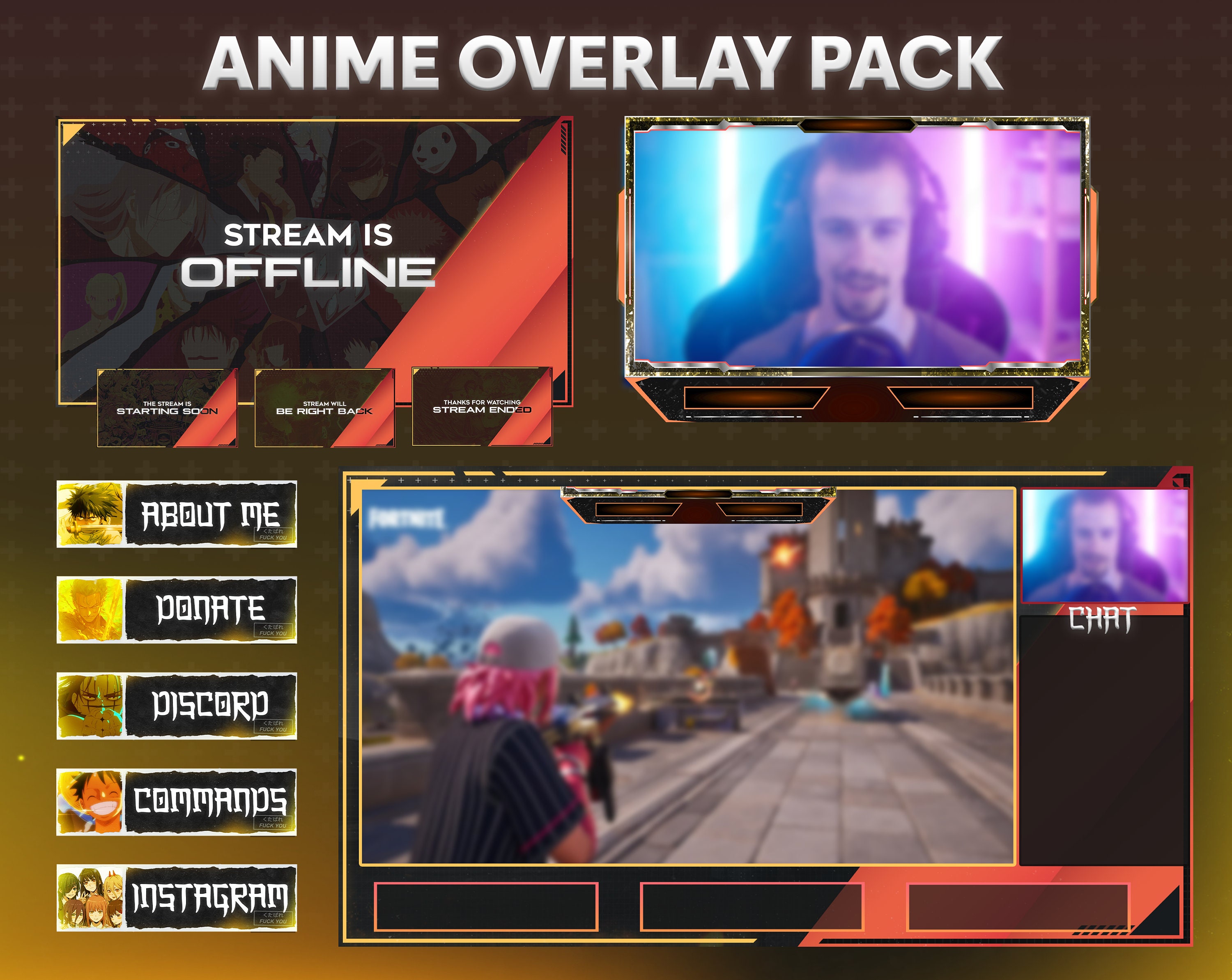 Twitch Streaming Overlay Orange, Live Stream Graphics, Anime Stream ...