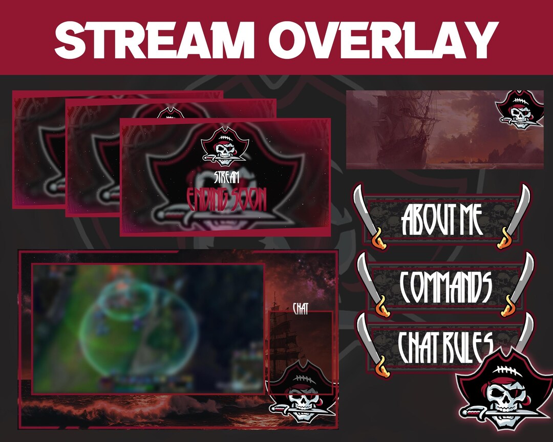 Red Pirate Stream Overlays Package for Twitch, Youtube, OBS, Kick ...