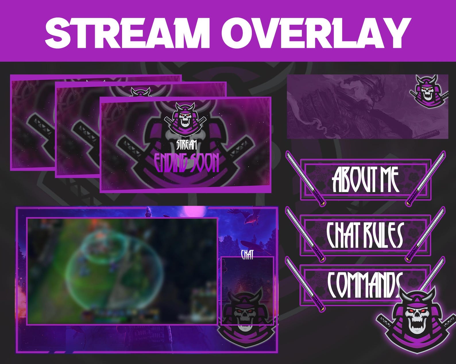 Purple Samurai Stream Overlays Package for Twitch, Youtube, OBS, Kick ...
