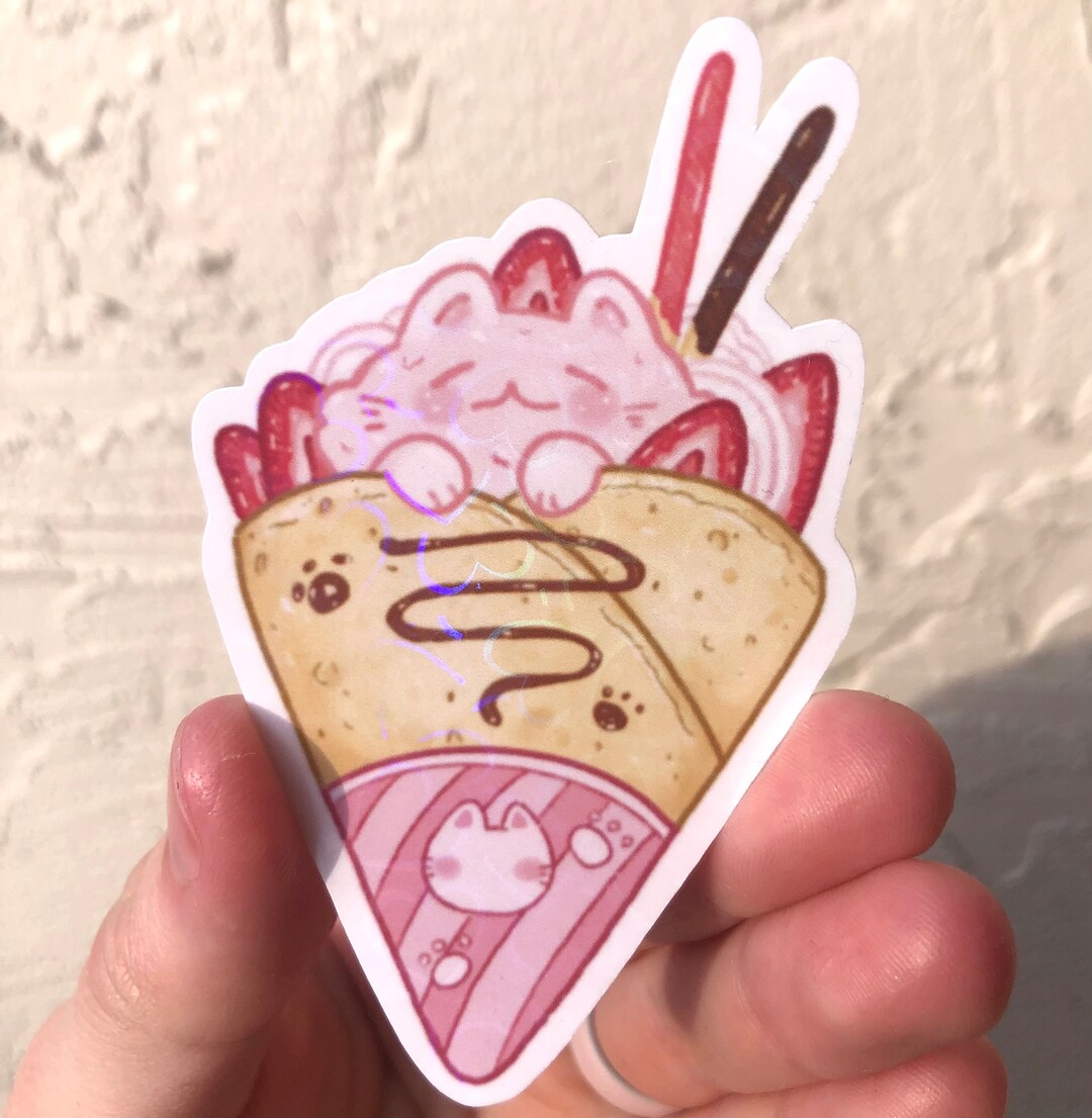 Cute Strawberry Crepe Cat Stickers | Holographic Sticker | Laptop Water ...