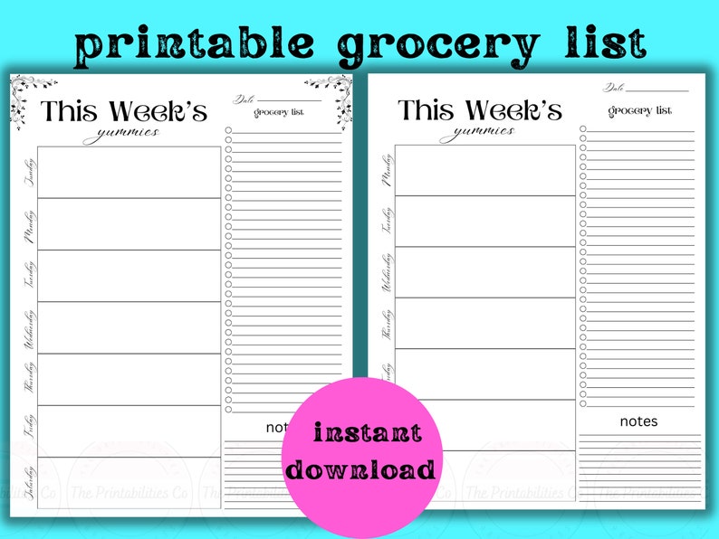 Weekly Meal Planner, Grocery List, Note Tracker, Grocery Printable ...