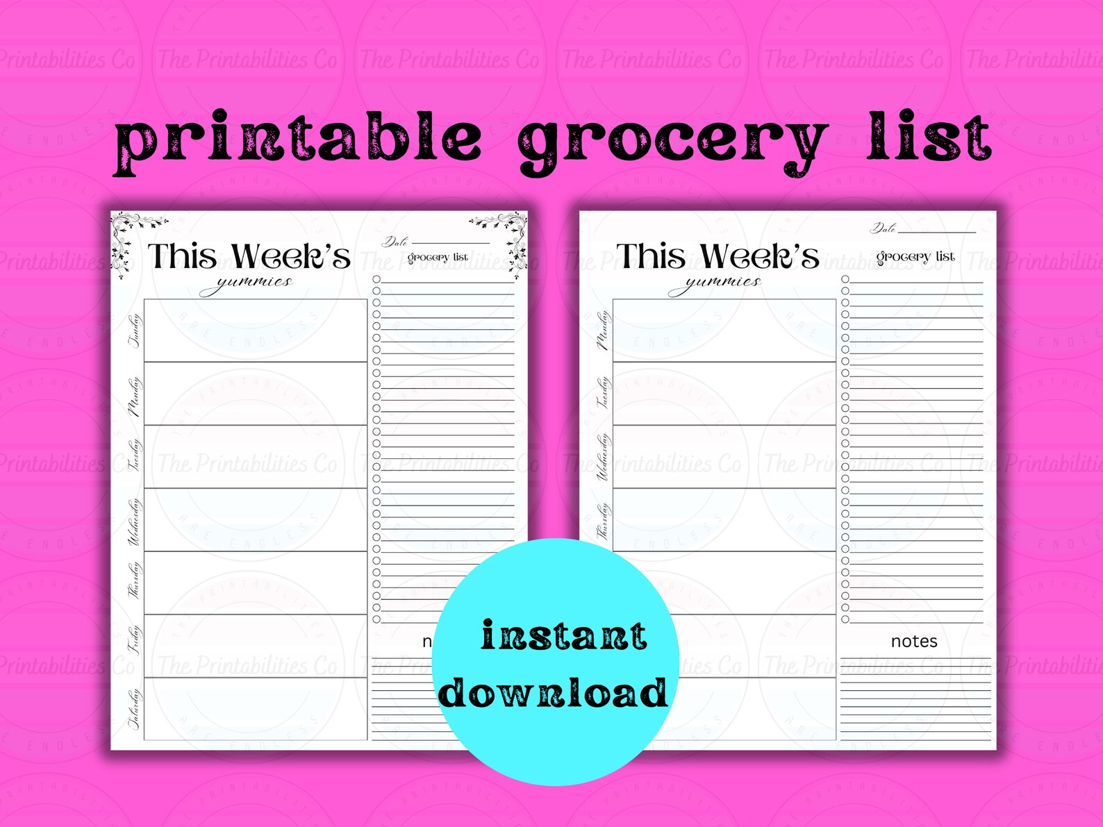 Weekly Meal Planner, Grocery List, Note Tracker, Grocery Printable ...