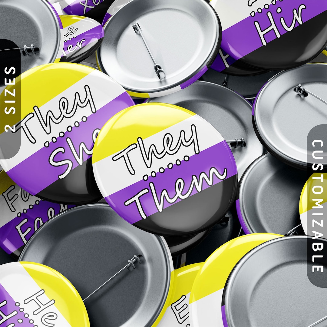 Nonbinary Pronoun Pin Buttons Enby Pride Flag Tin Pins Custom NB ...