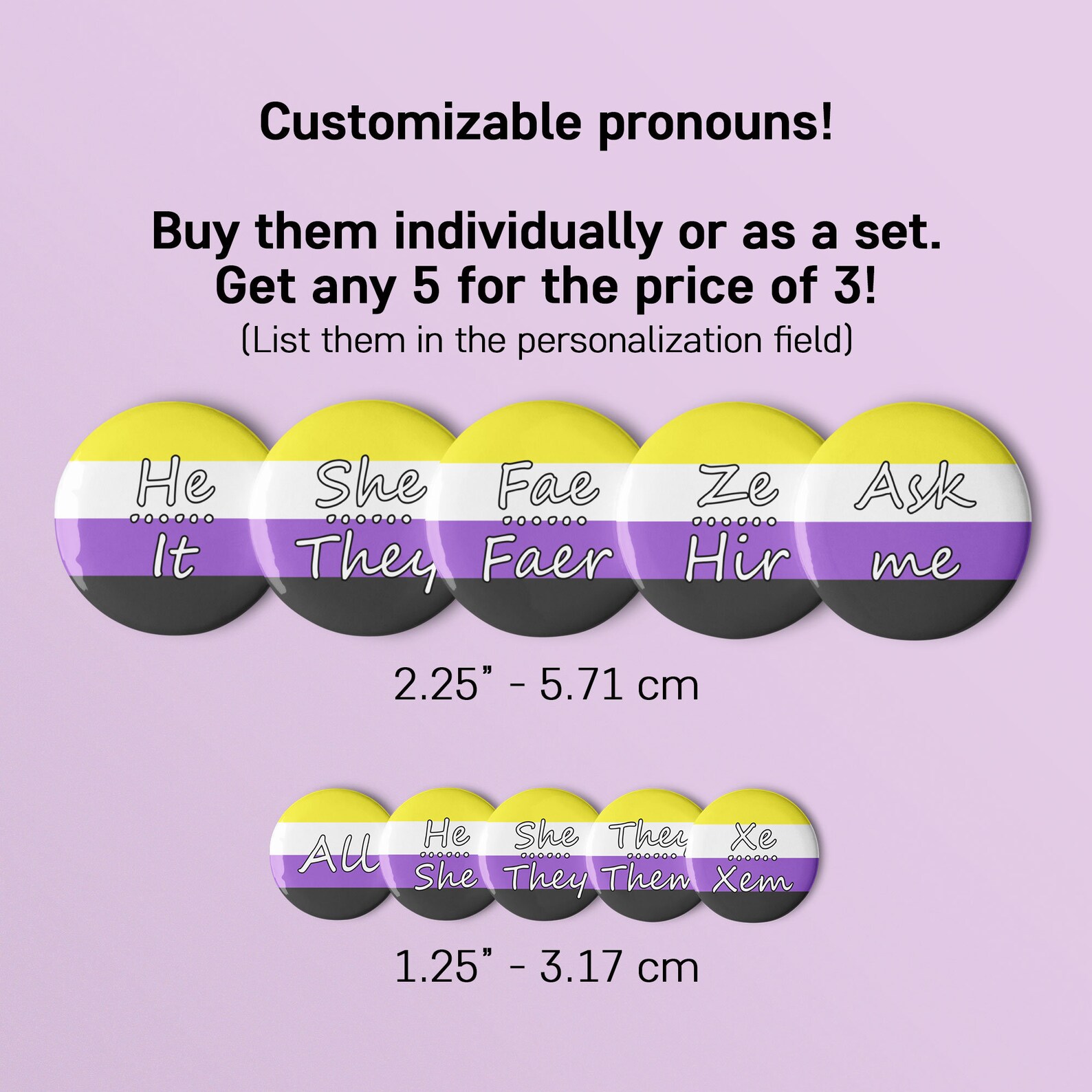 Nonbinary Pronoun Pin Buttons Enby Pride Flag Tin Pins Custom NB Pronouns They Them/ She Her/ He ...