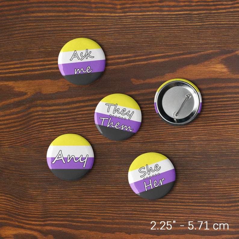 Nonbinary Pronoun Pin Buttons Enby Pride Flag Tin Pins Custom NB Pronouns They Them/ She Her/ He ...