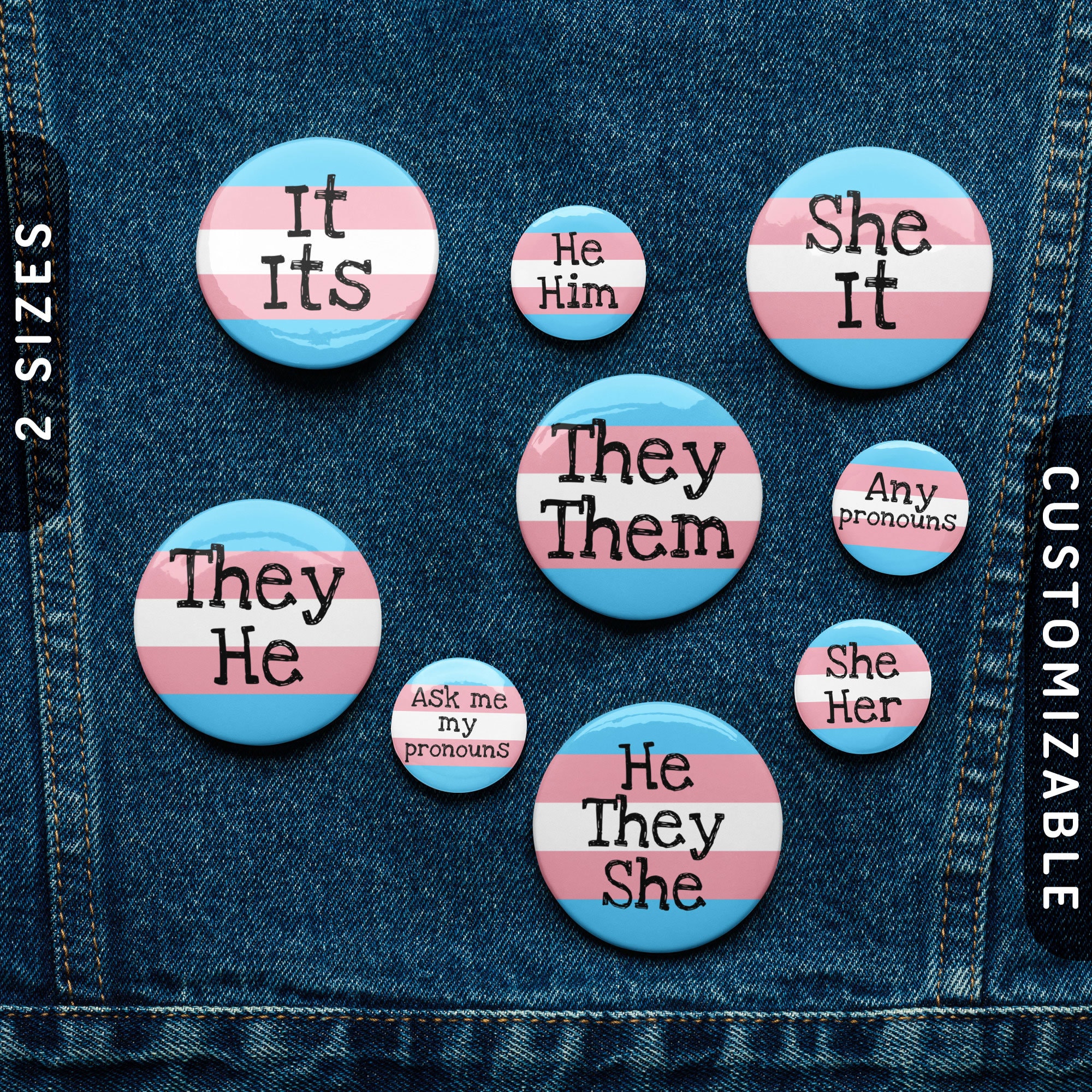 Trans Pronoun Pin Buttons Transgender Pride Flag Tin Pins Custom Any Pronouns They/them She/her ...