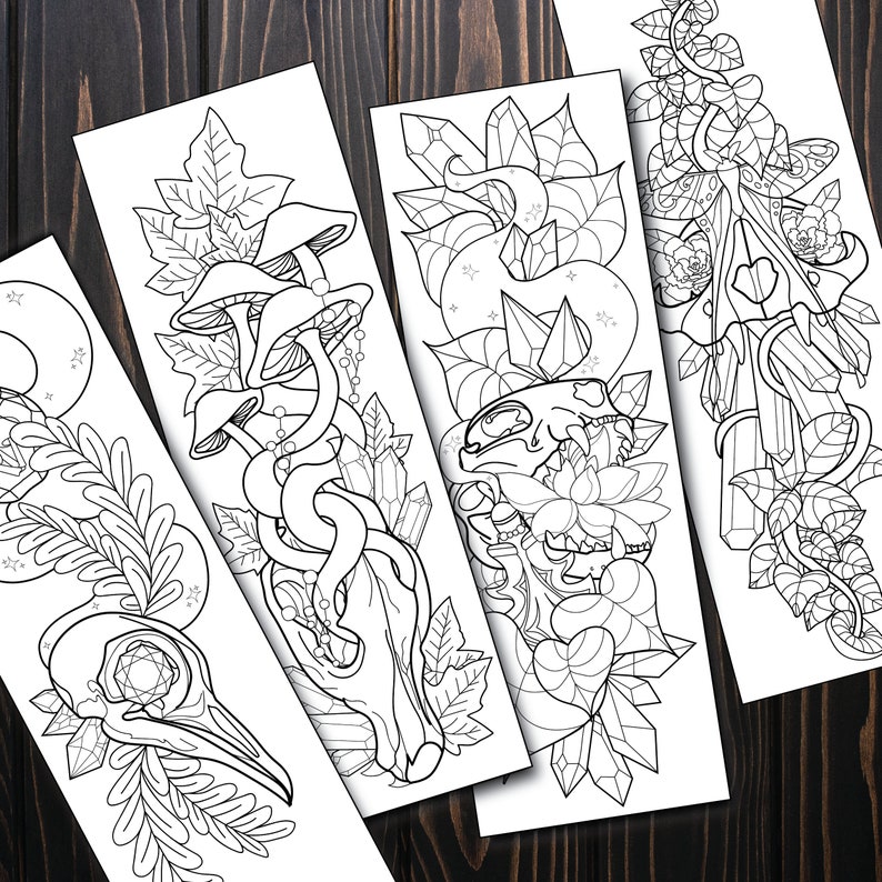 Set of 16 Printable Bookmarks Crystals, Skulls, Mushrooms, and Tropical ...