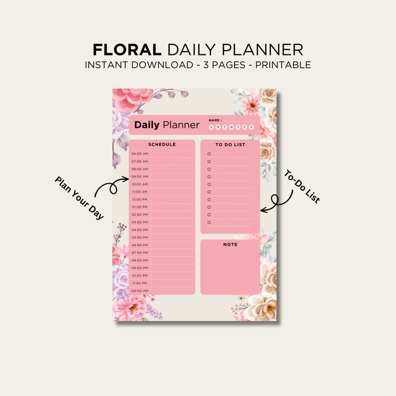 Minimal Floral Daily Planner Printable, Hourly ADHD Time Blocking ...